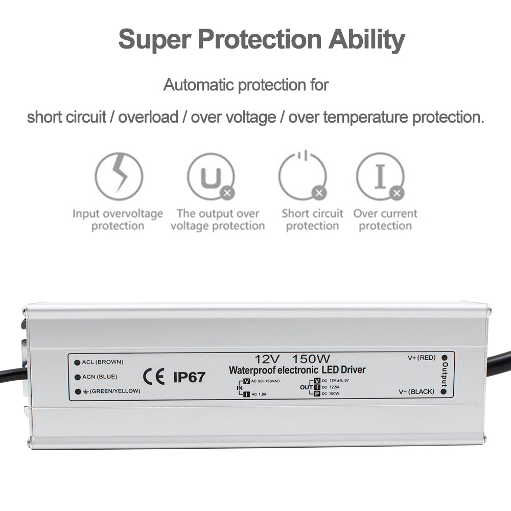 12V LED Power Supply 150W, Waterproof Low Voltage Transformer, 12 Volt ...